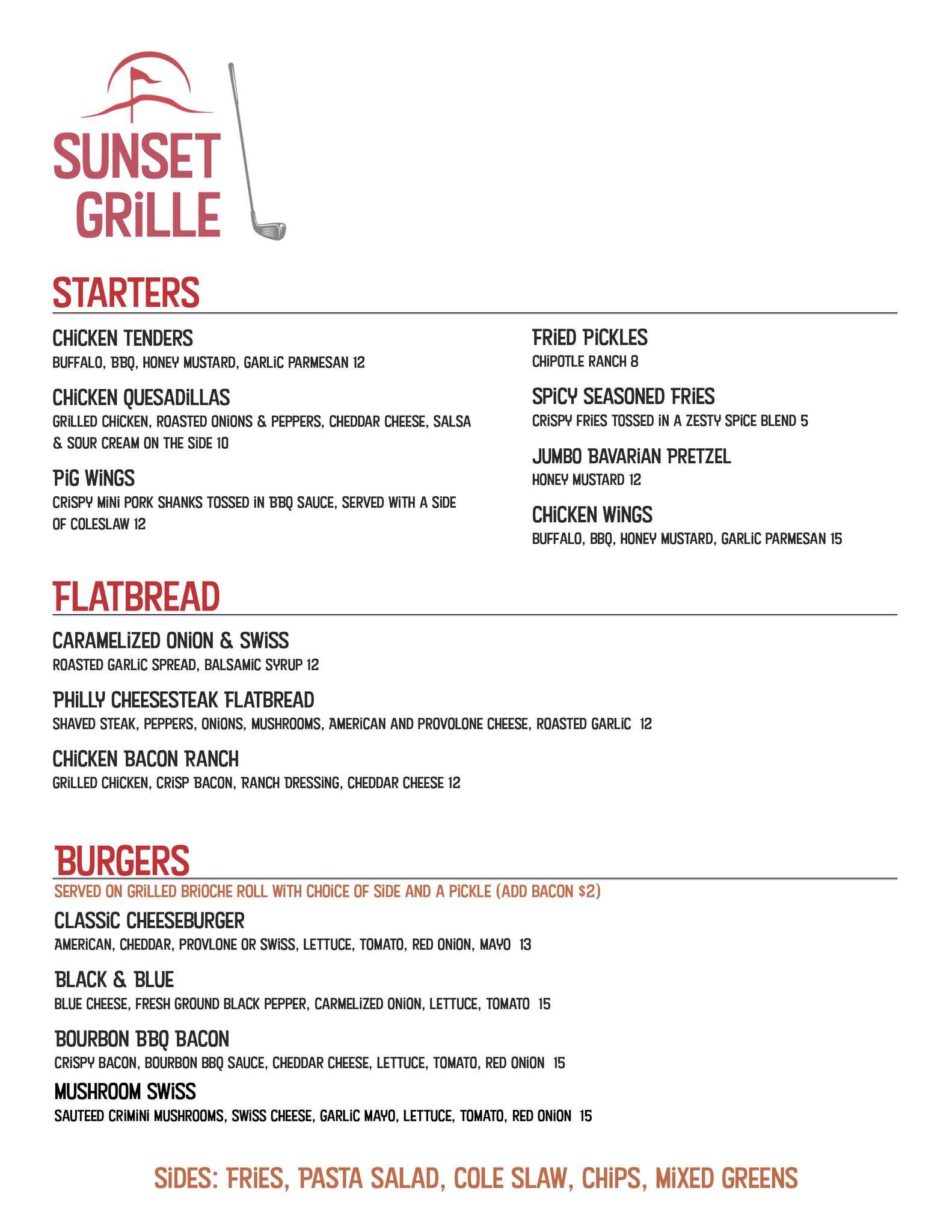 Menu at Sunset Grille restaurant, South Hadley