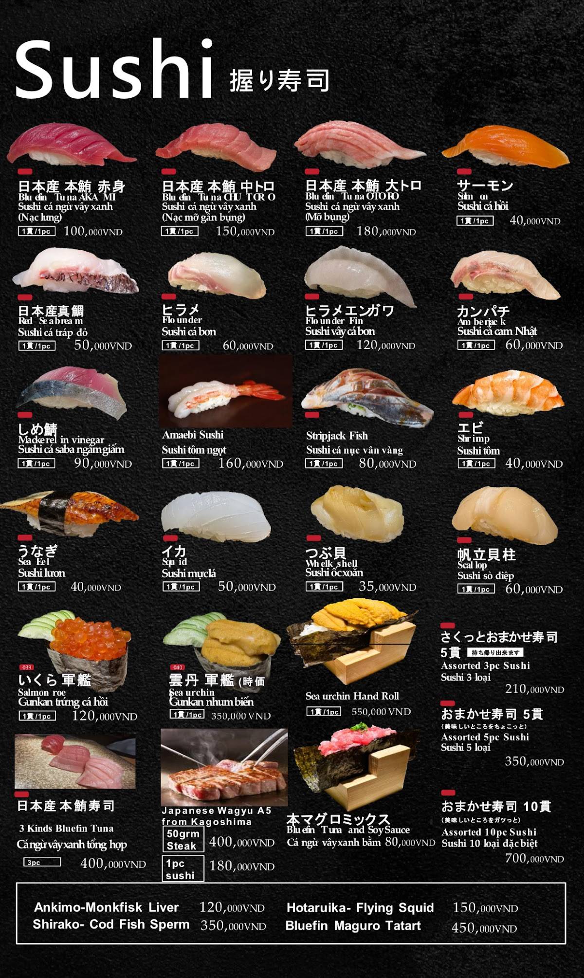 Menu at Sushi Taka Omakase restaurant, Ho Chi Minh City
