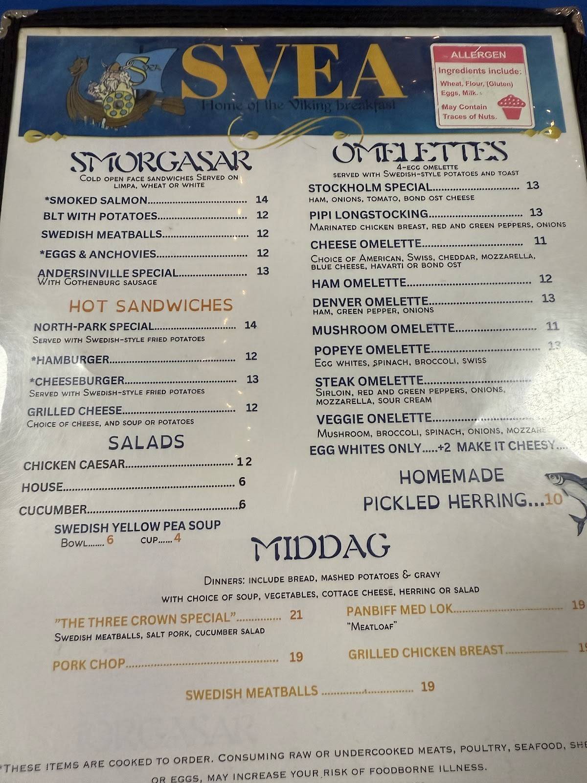 Menu at Svea Restaurant, Chicago
