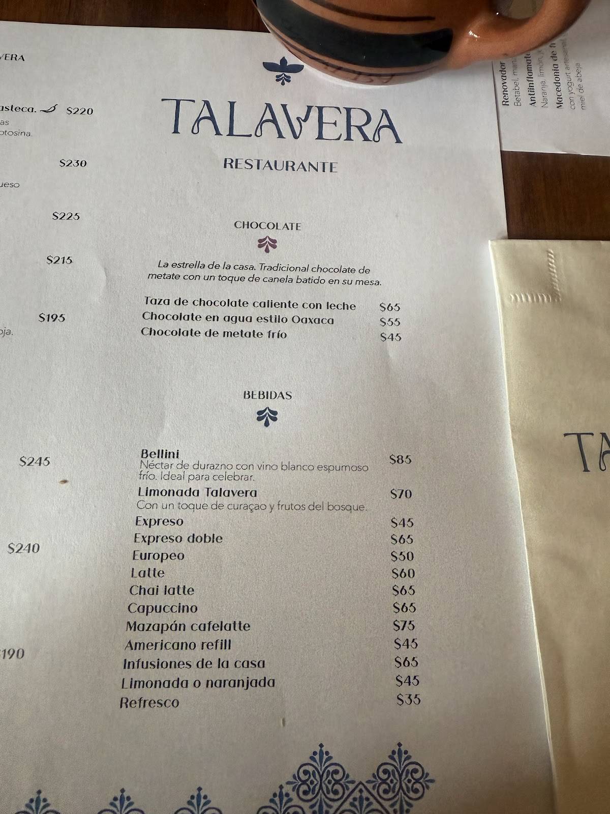 Carta de TALAVERA RESTAURANTE, Santiago de Querétaro