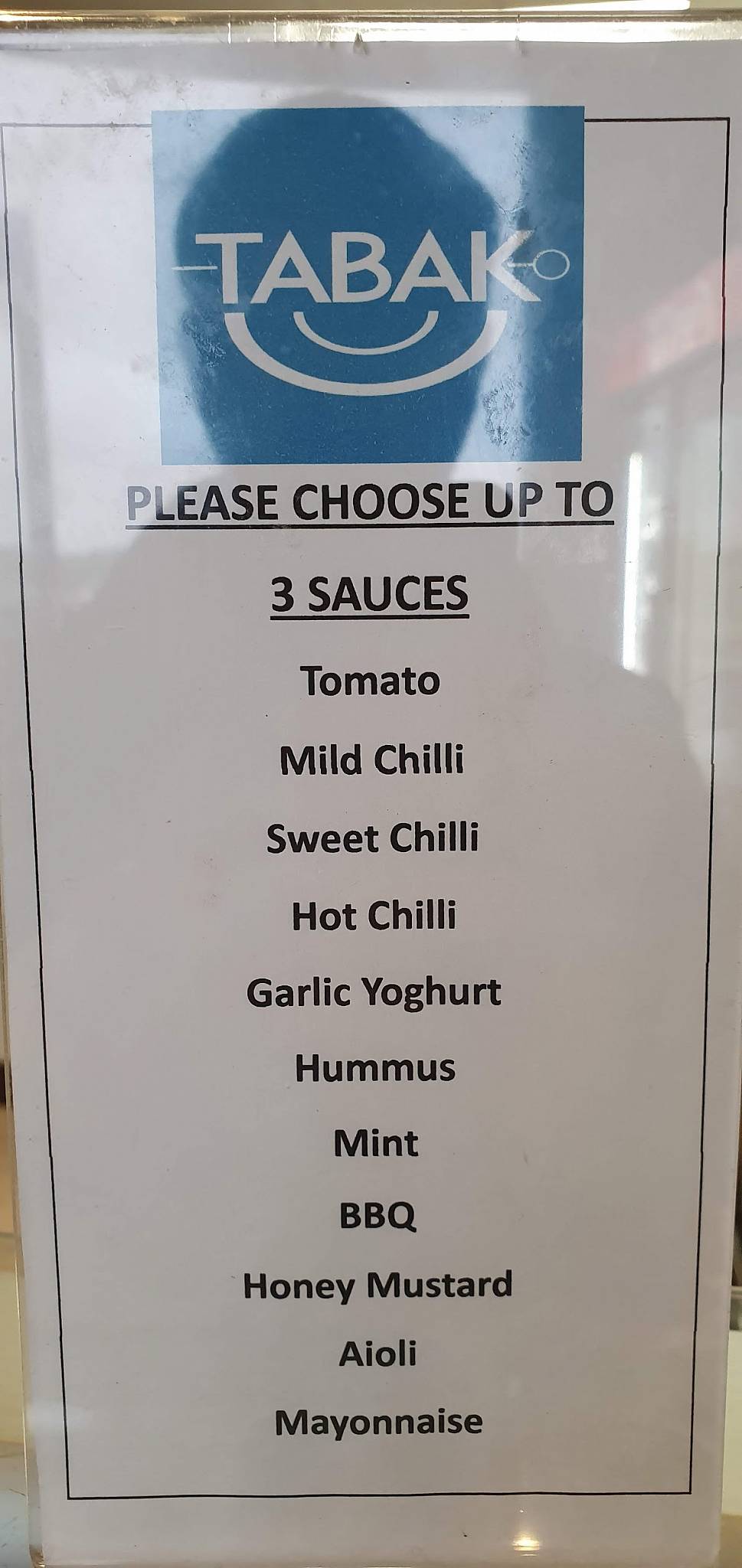 Menu at Tabak Takeaways restaurant, Silverdale