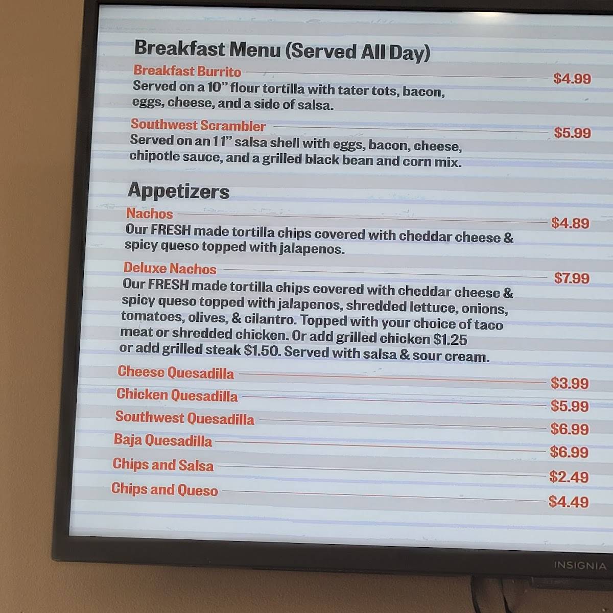 Menu at Taco Shop restaurant, Fargo, 23rd Ave S