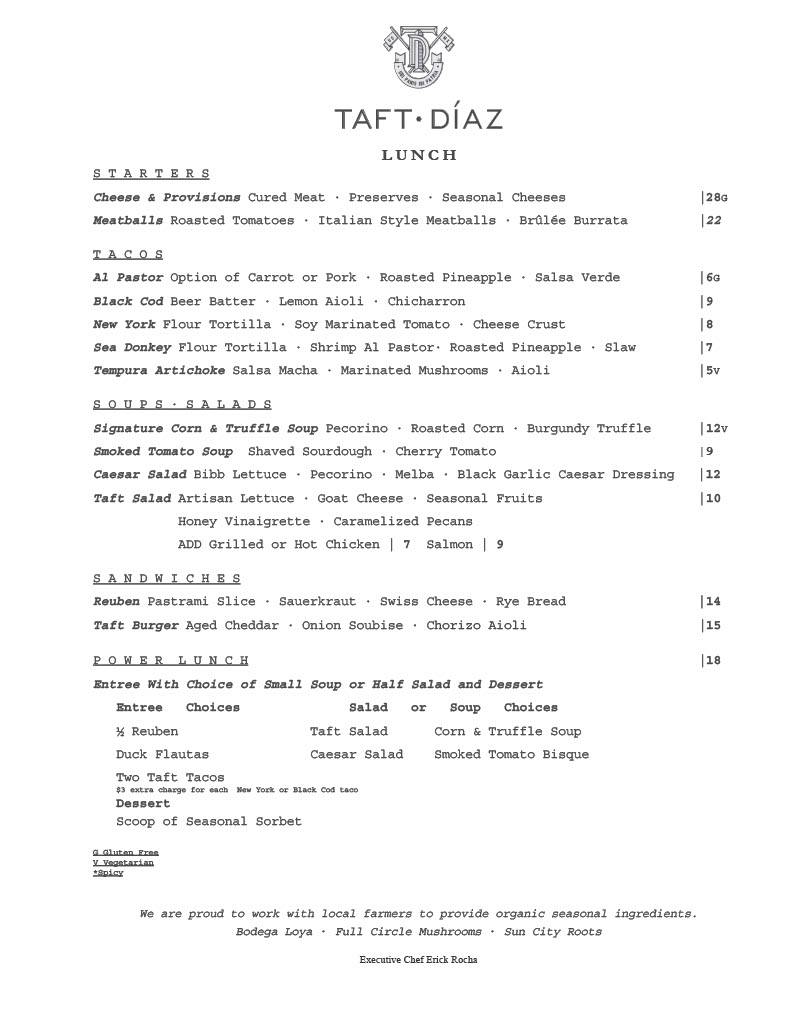 Menu at Taft-Diaz restaurant, El Paso
