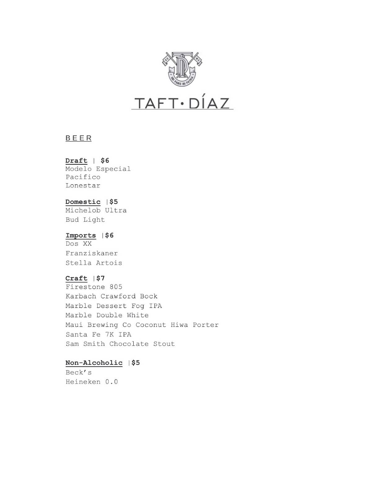 Menu at Taft-Diaz restaurant, El Paso
