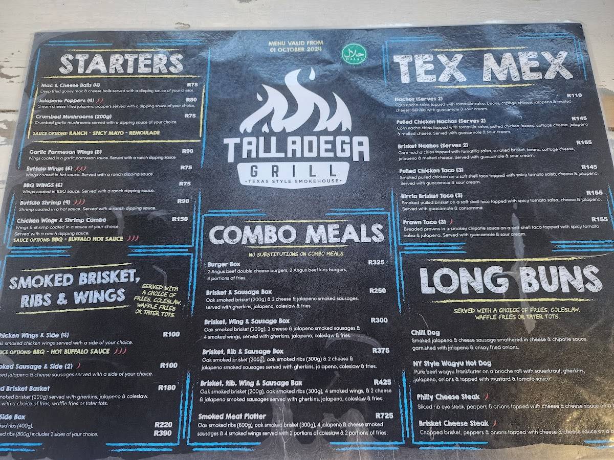 Menu at Talladega Grill restaurant, Cape Town