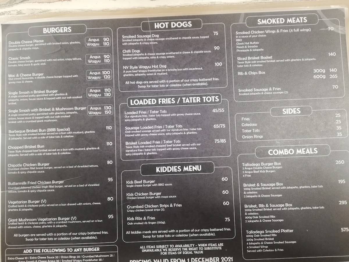Menu at Talladega Grill restaurant, Cape Town