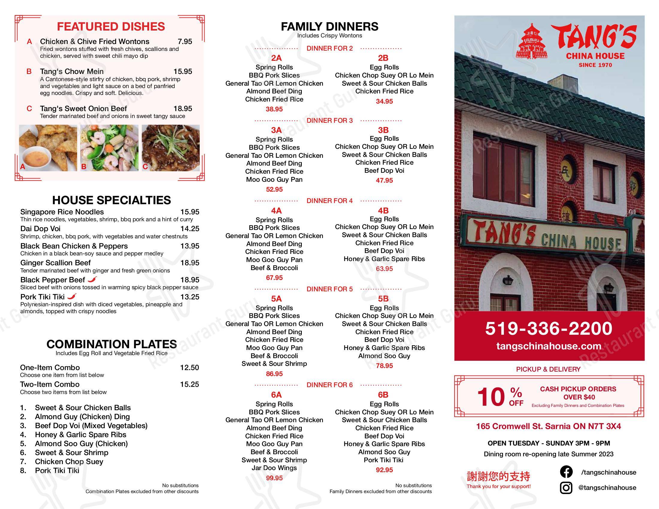 Menu at Tang's China House restaurant, Sarnia