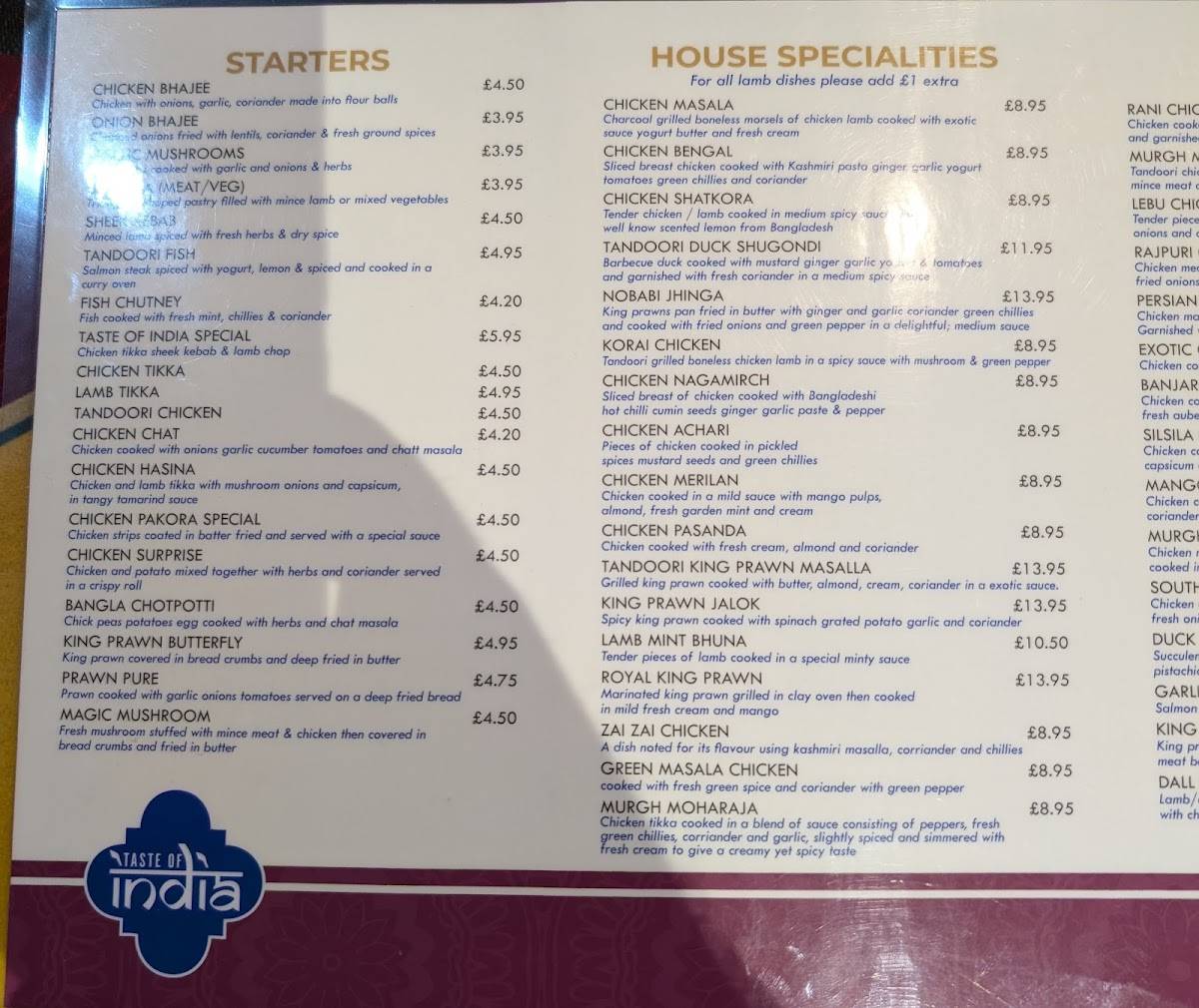 Menu at Taste Of India restaurant, Leominster