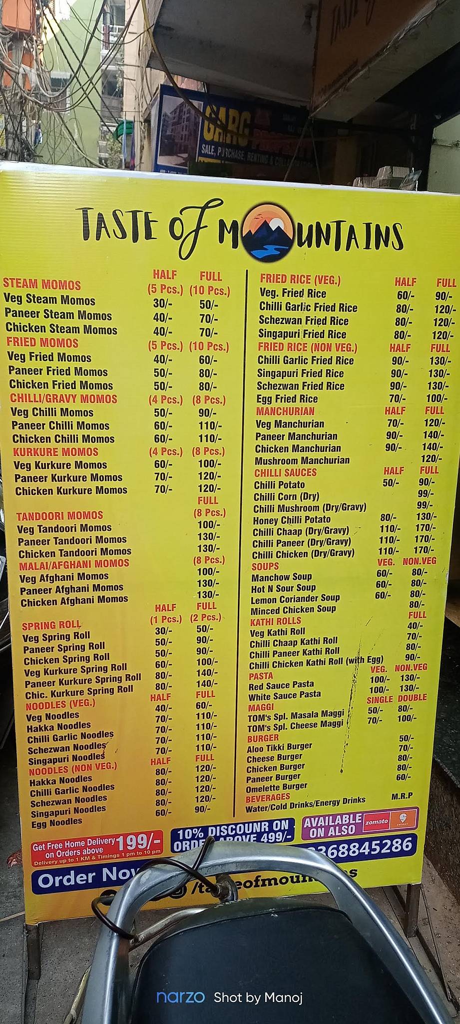 Menu at Taste of Mountains, New Delhi