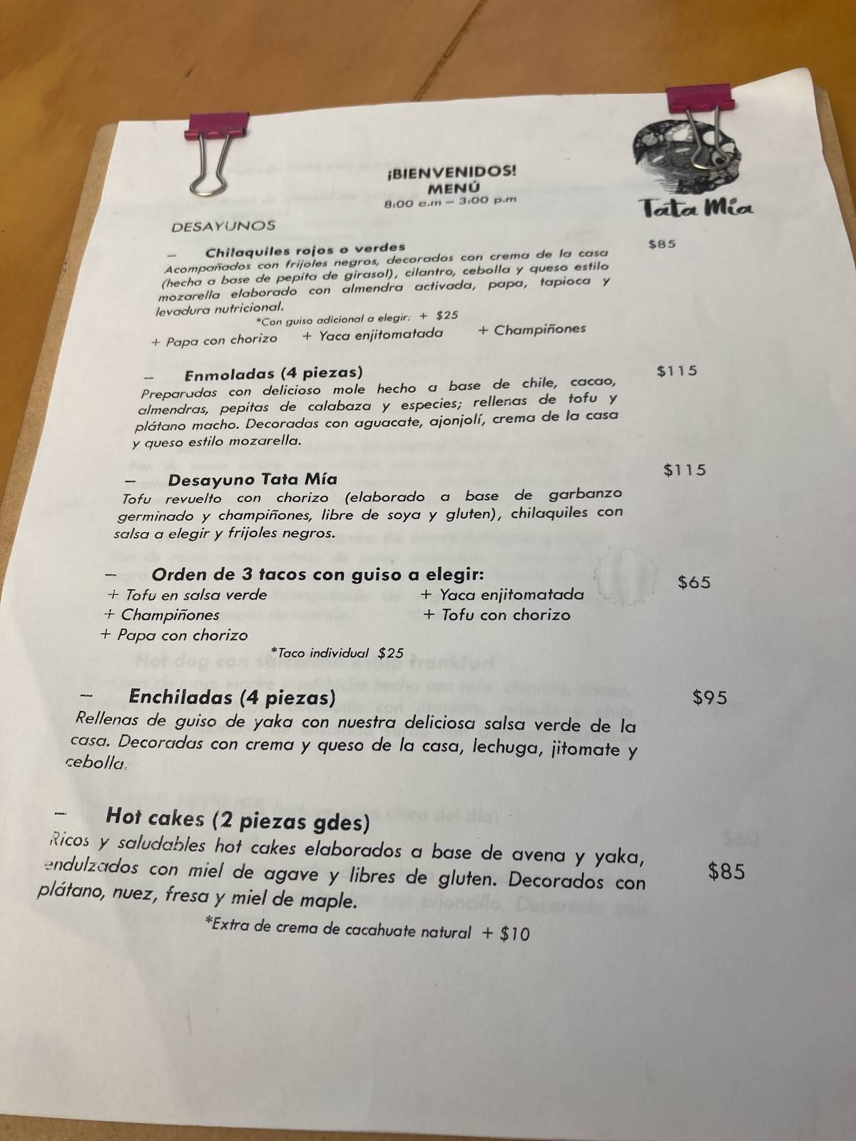 Menu at Tata Mía restaurant, Bucerías