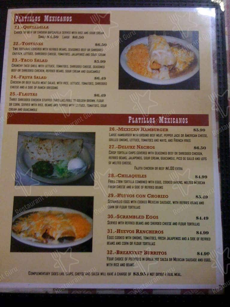 Menu at El Tepeyac restaurant, Blanchard, Veterans Memorial Hwy
