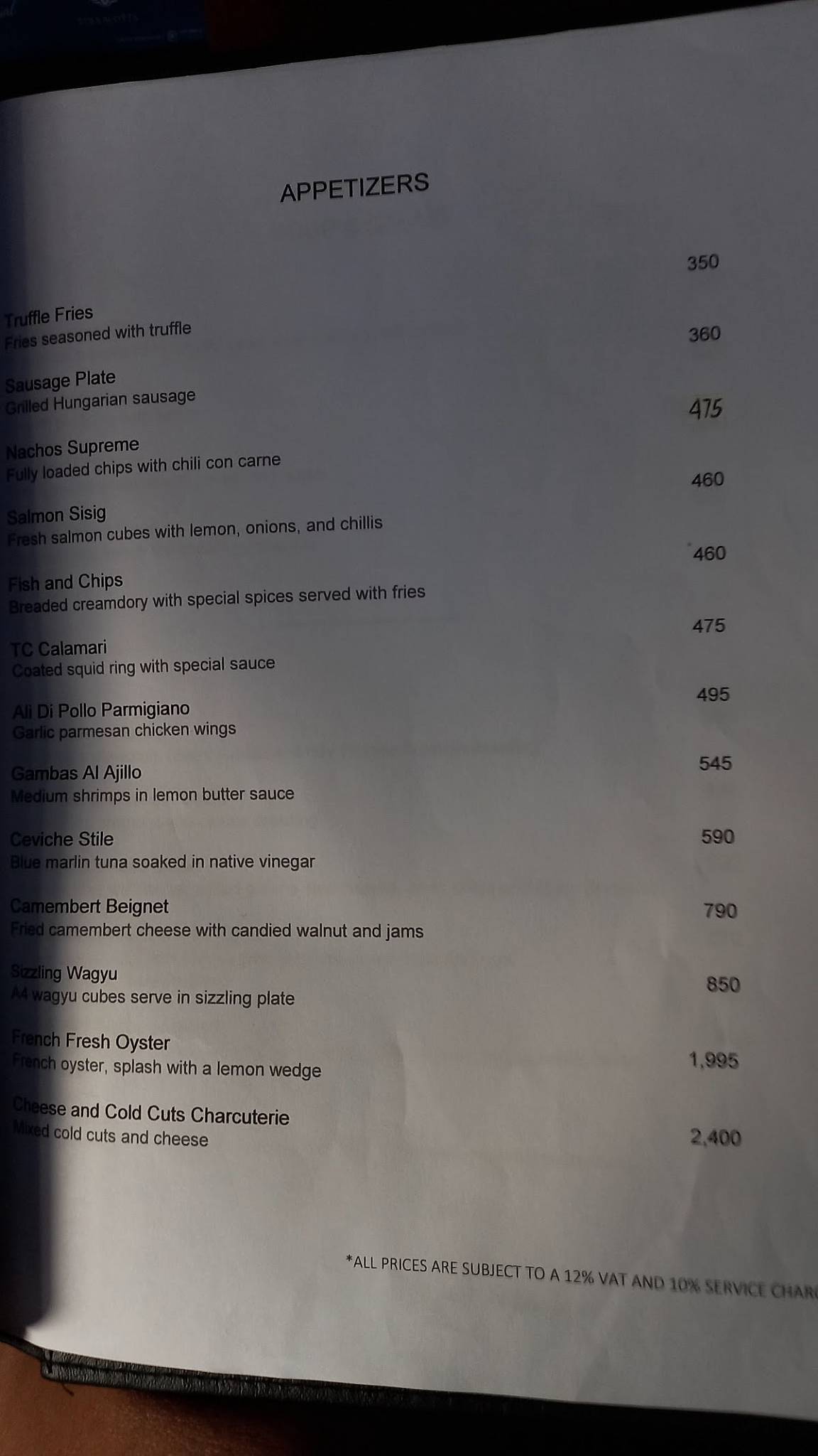 Menu at Terracotta Manila restaurant, Quezon City