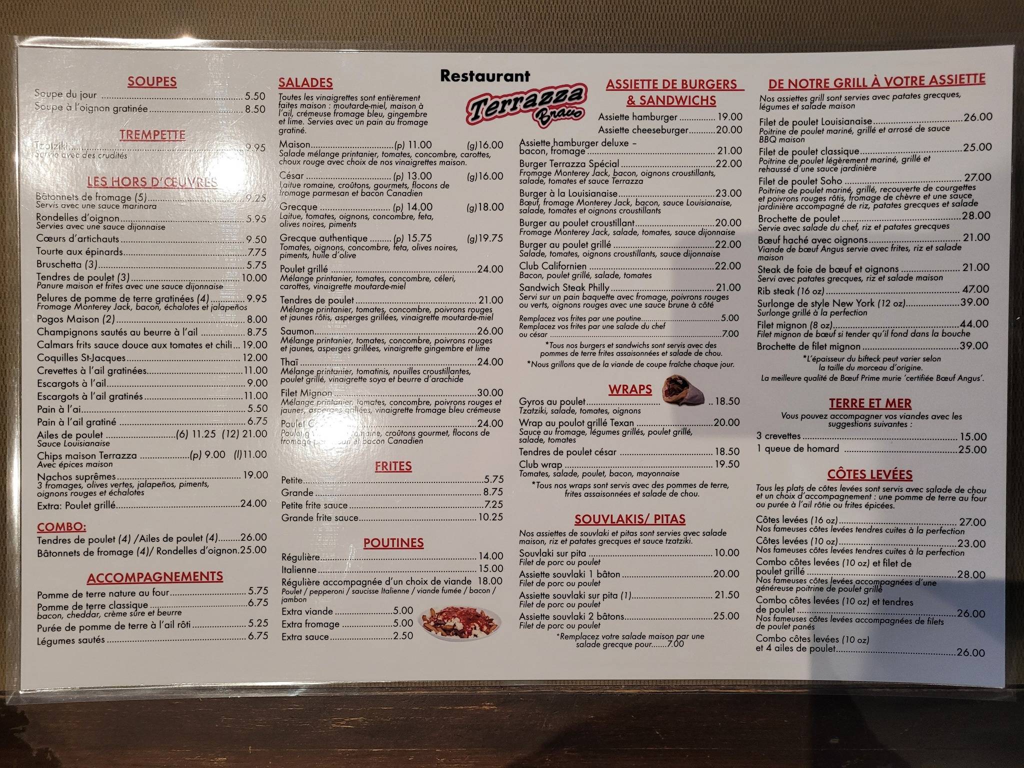 Menu au Restaurant Terrazza Bravo, Joliette