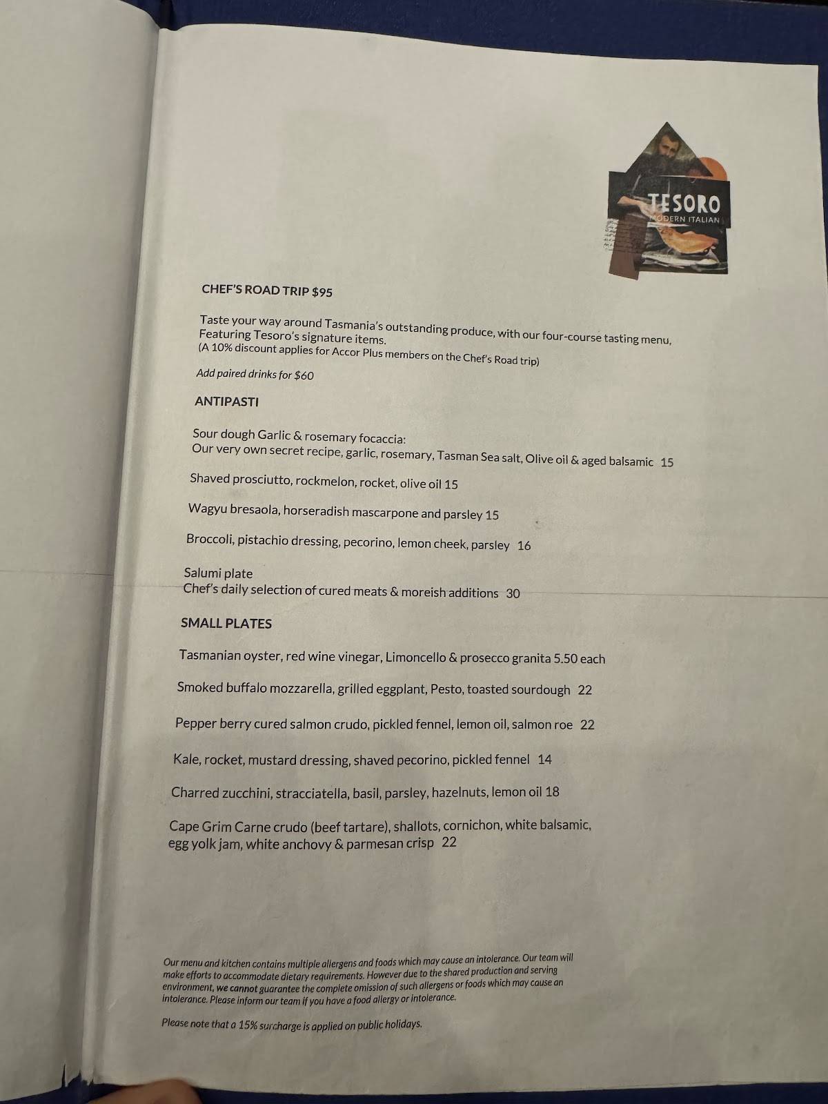 Menu at Tesoro restaurant, Hobart