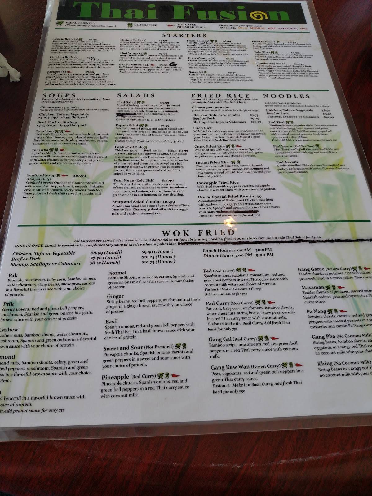 Menu at Thai Fusion restaurant, Kentwood, Broadmoor Ave SE