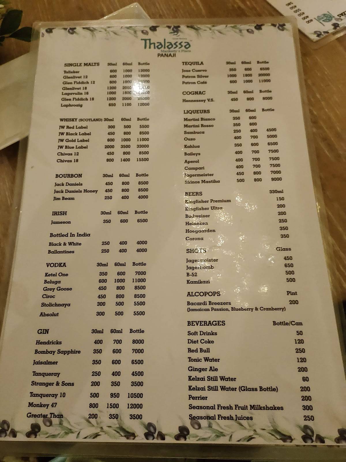 Menu at Thalassa Greek Taverna, Panaji