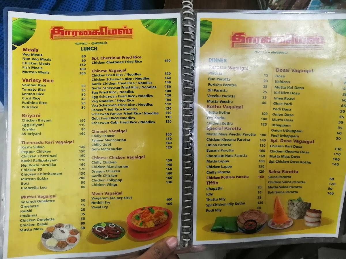 Menu at Tharagai mess, Chennai