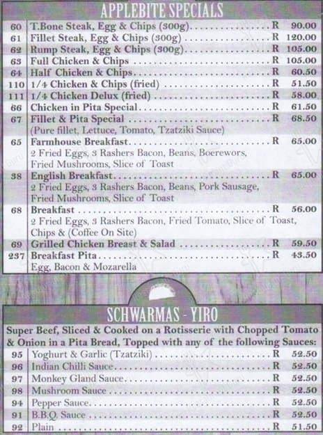 Menu at The Apple Bite Roadhouse & Pizzeria, Germiston