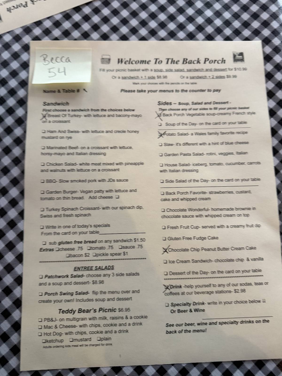 Menu at The Back Porch Restaurant, Lake Alfred, 115 Co Rd 557A