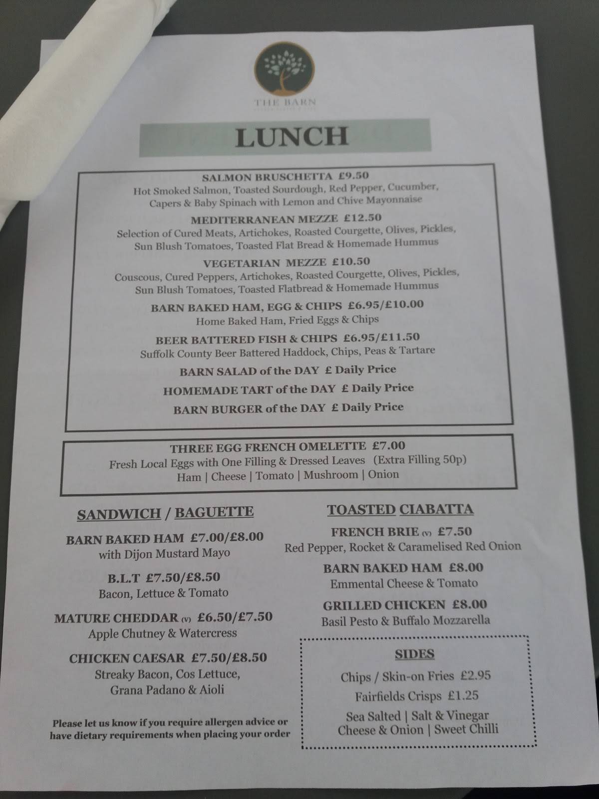 Menu at The Barn Garden Centre & Cafe Stanway, Colchester