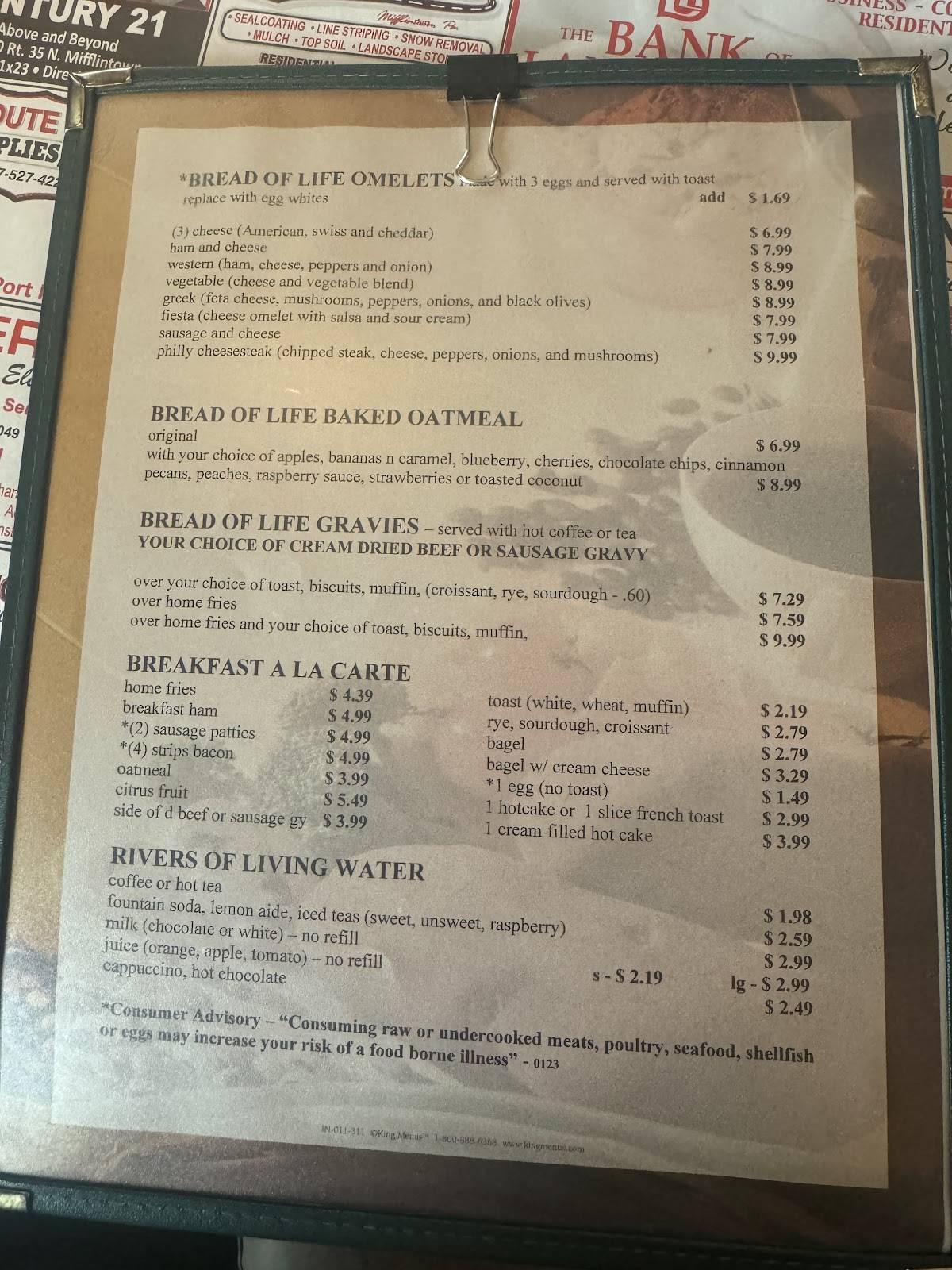 Menu at The Bread Of Life Restaurant, McAlisterville