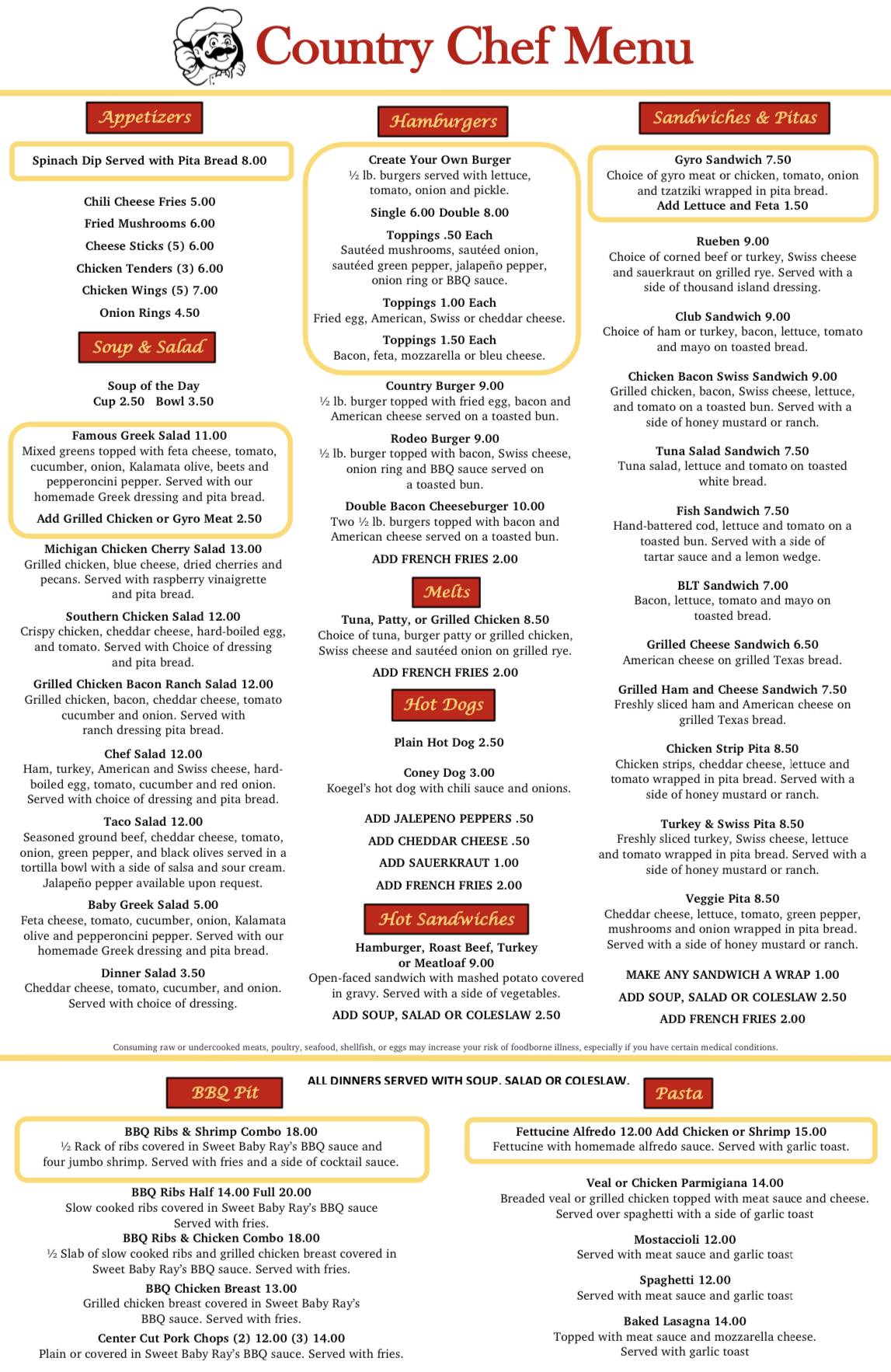 Menu at ANDYS COUNTRY CHEF restaurant, Clio