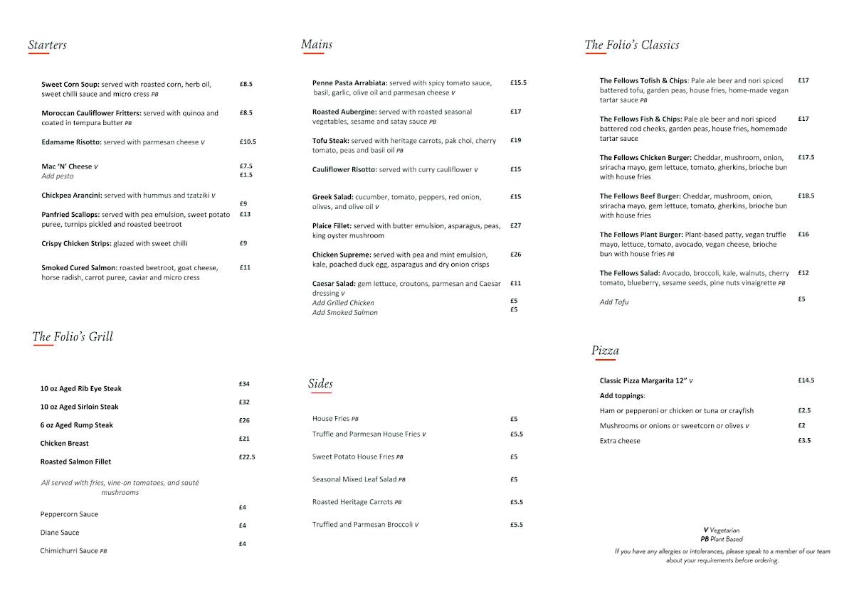 Menu at The Folio Bar & Kitchen, Cambridge