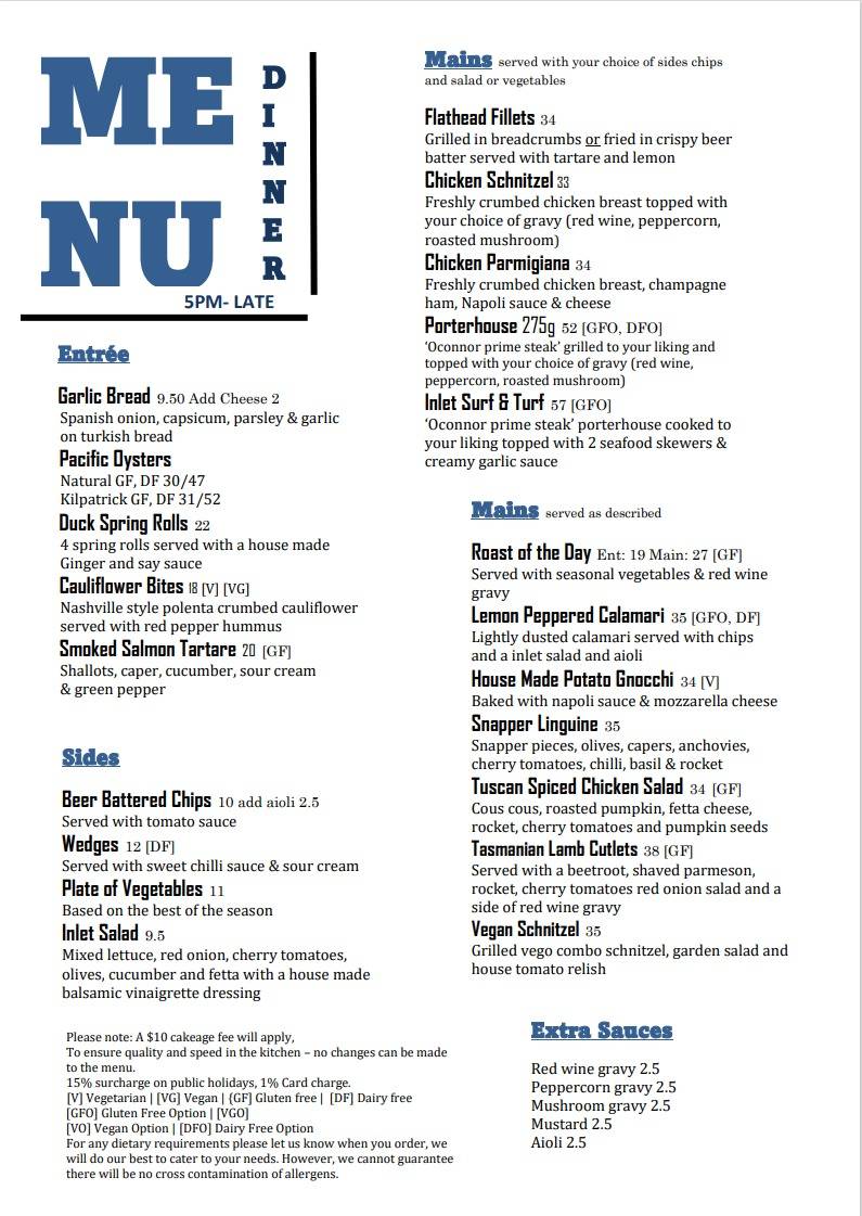 Menu at The Inlet Hotel restaurant, Inverloch