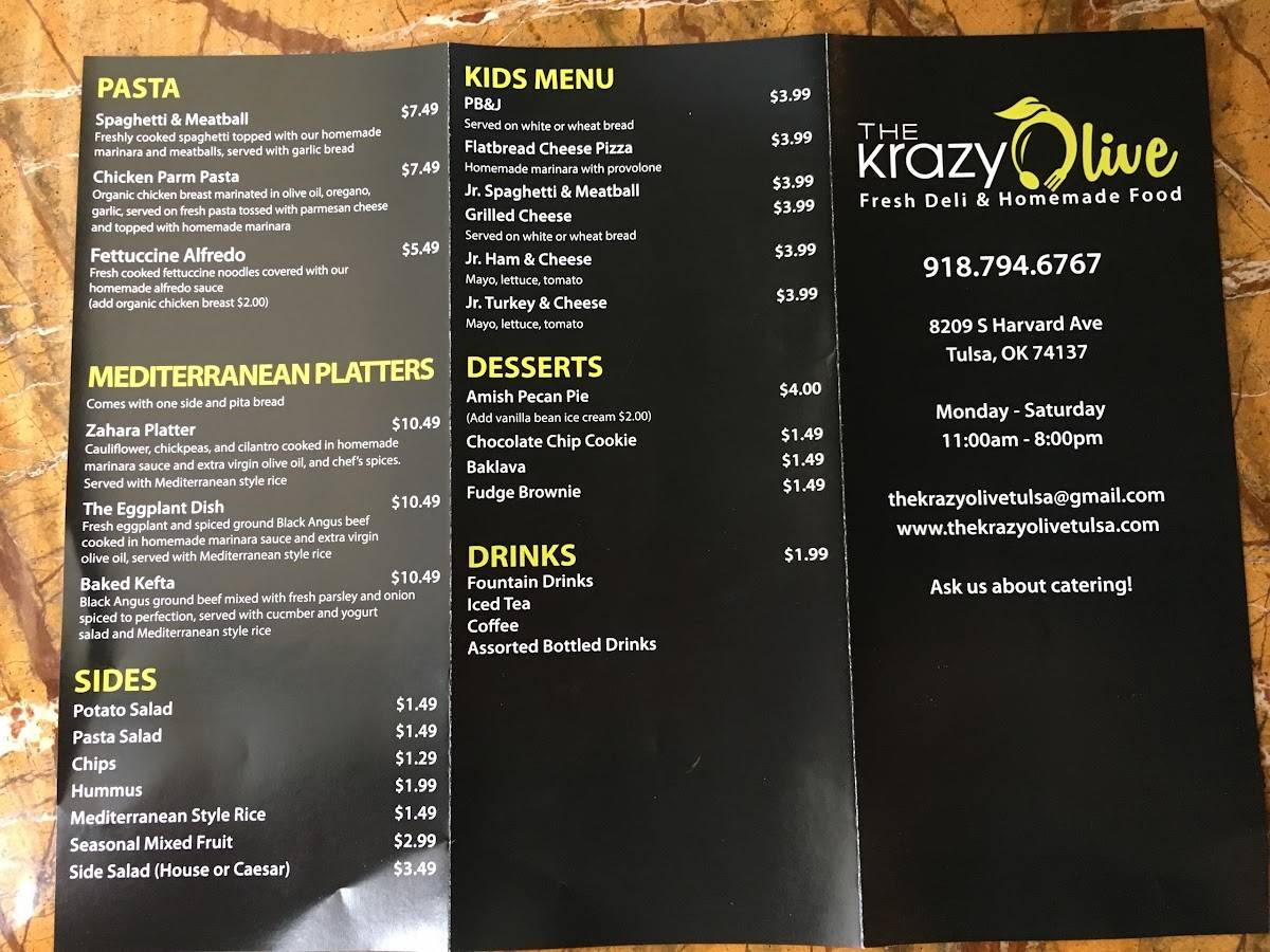 Menu at The Krazy Olive restaurant, Tulsa, S Garnett Rd