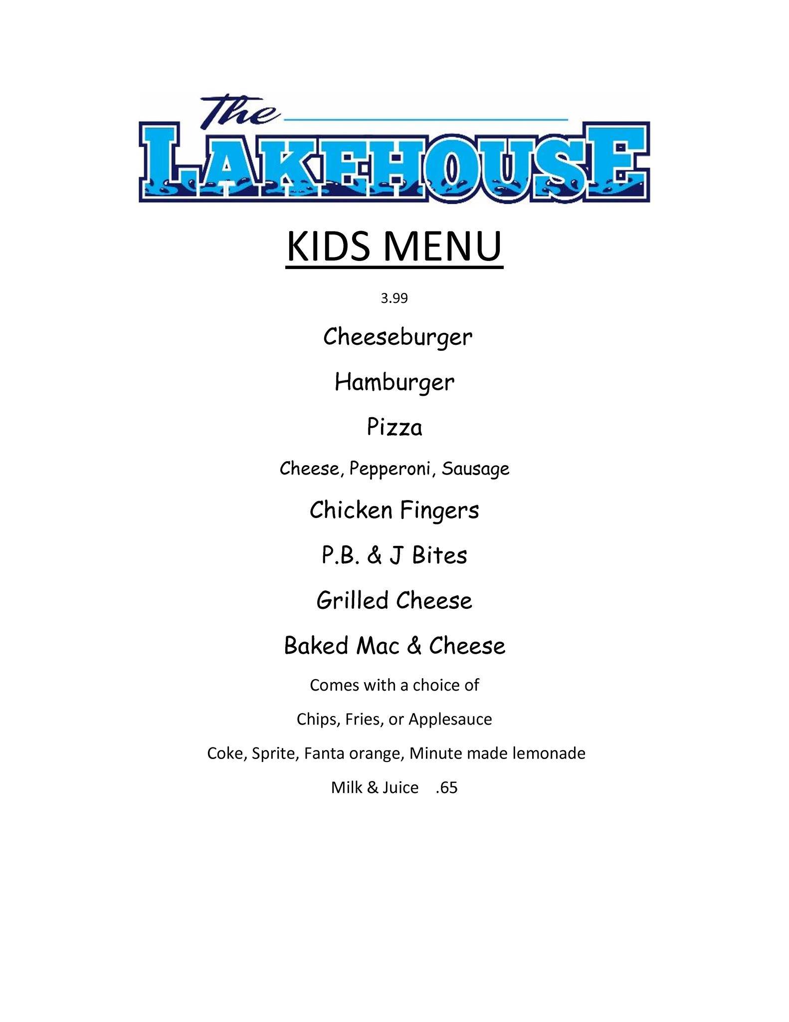Menu at The Lakehouse Restaurant, Holiday Shores