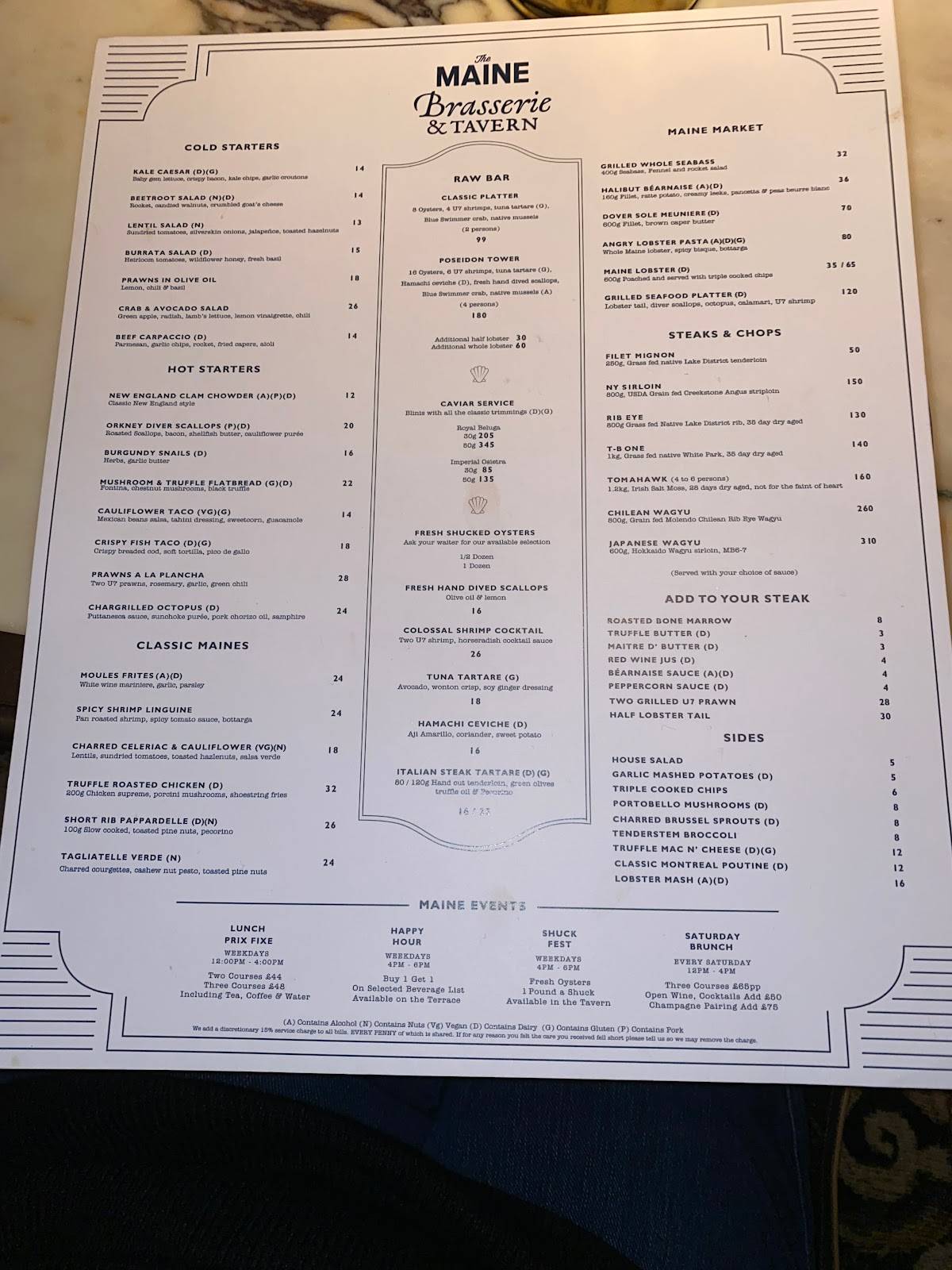 Menu at The MAINE restaurant, London