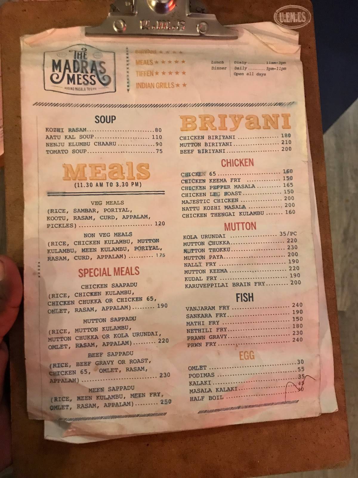 Menu at The Madras Mess, Chennai, No 9