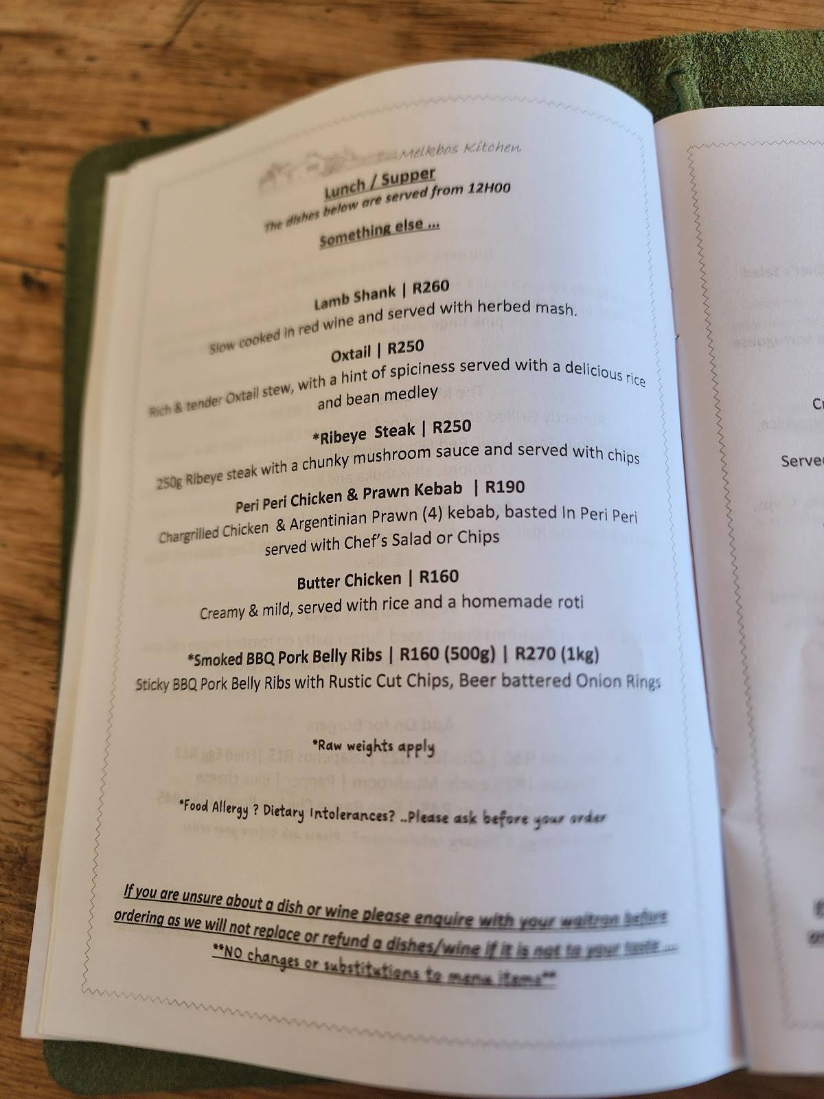 Menu at The Melkbos Kitchen restaurant, Cape Town