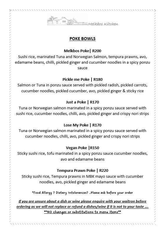 Menu at The Melkbos Kitchen restaurant, Cape Town