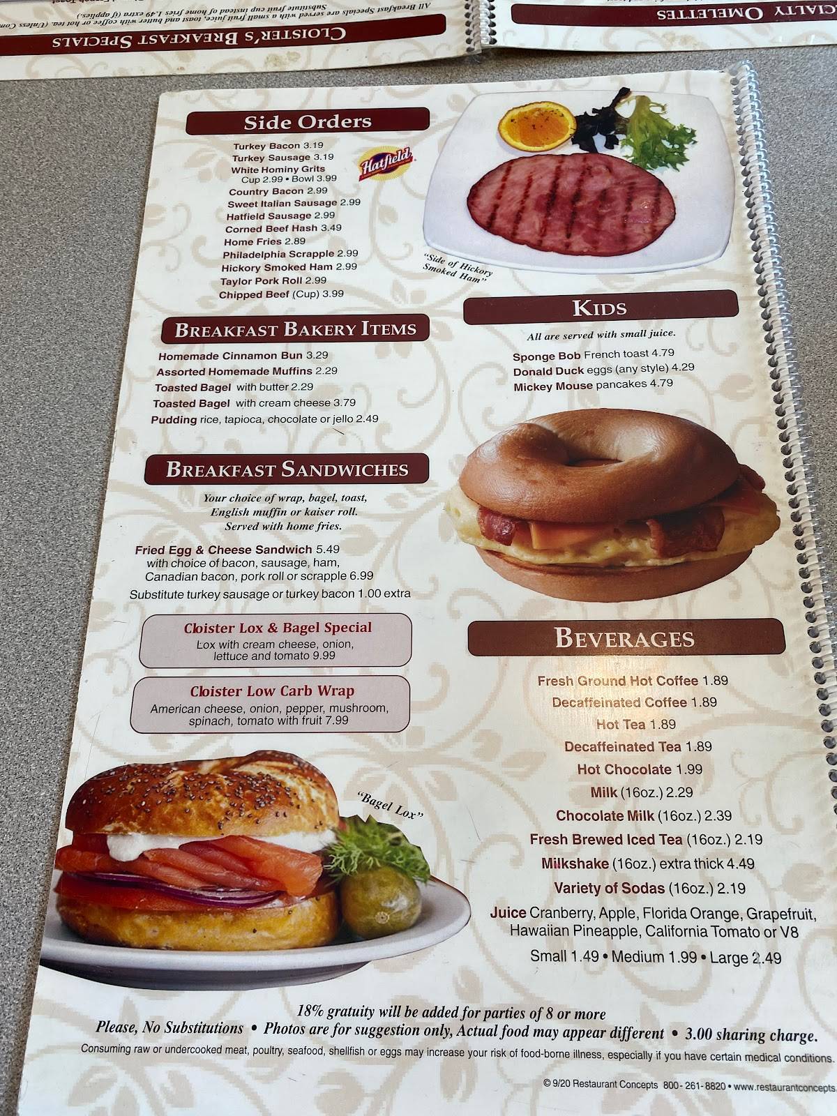Menu at The New Cloister Restaurant, Ephrata