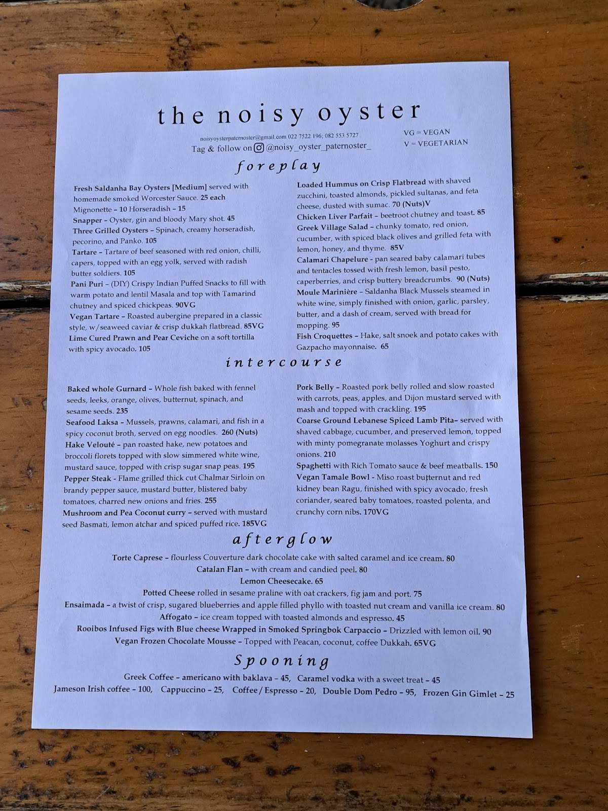 Menu at The Noisy Oyster restaurant, Paternoster