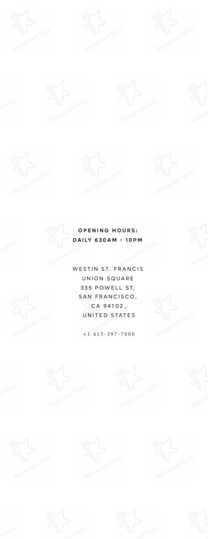 Menu at The Oak Room Restaurant, San Francisco