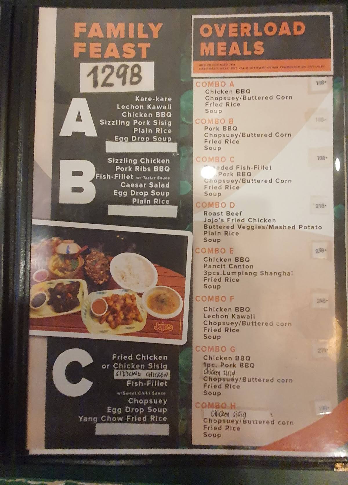 Menu at The Original Jojo's restaurant, San Fernando, Peninsula Plaza