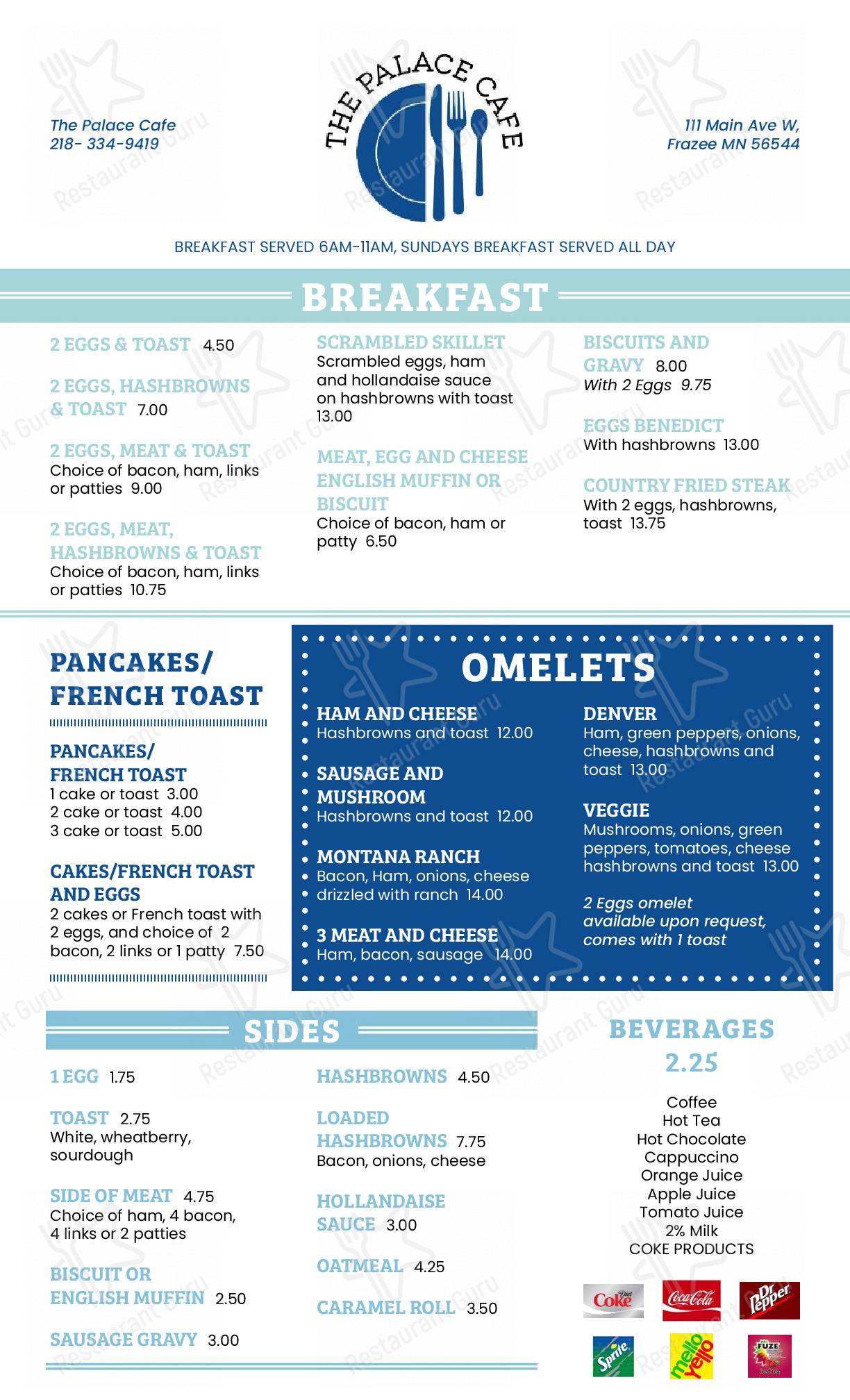 Menu at The Palace Cafe, Frazee