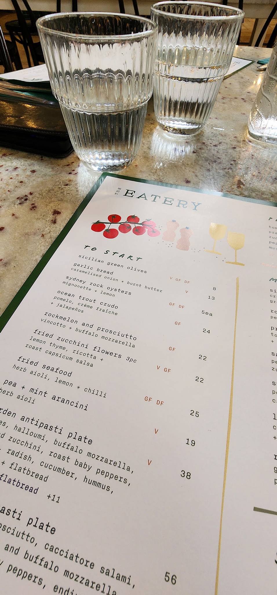 Menu at The Palms Sydney restaurant, Terrey Hills