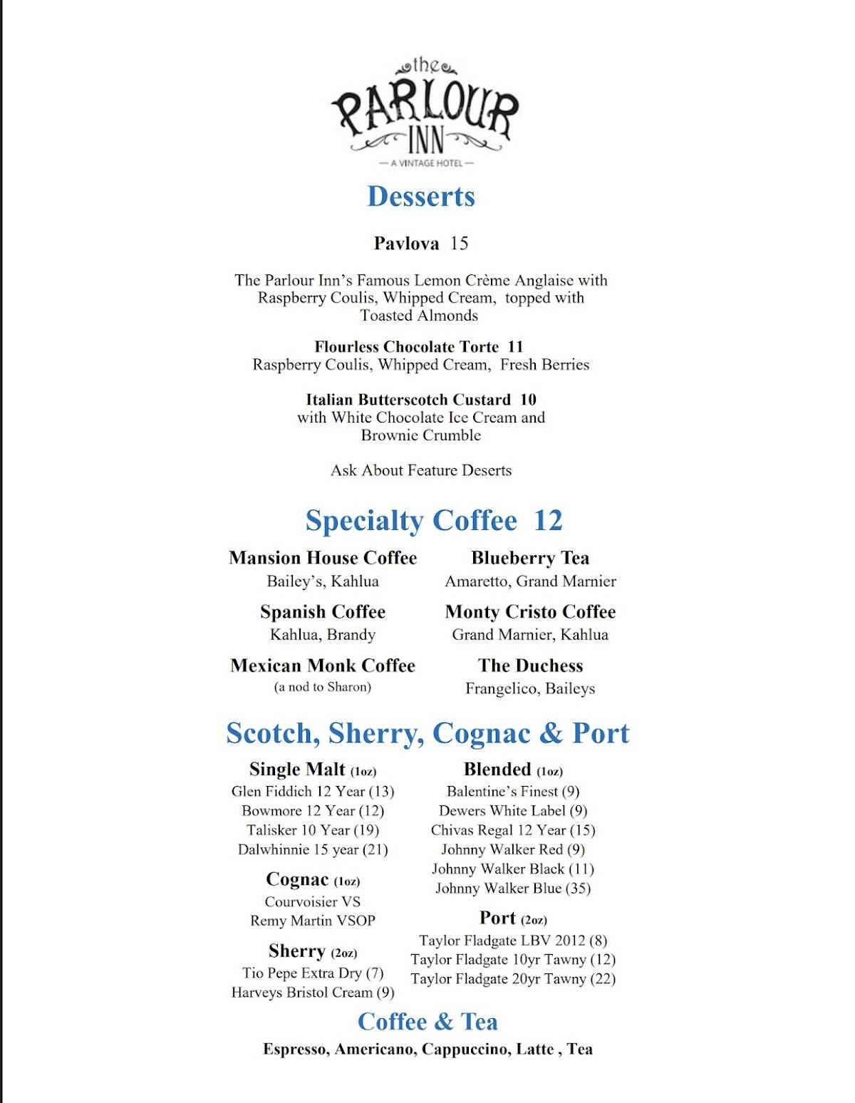 Menu at The Parlour Inn Restaurant, Stratford