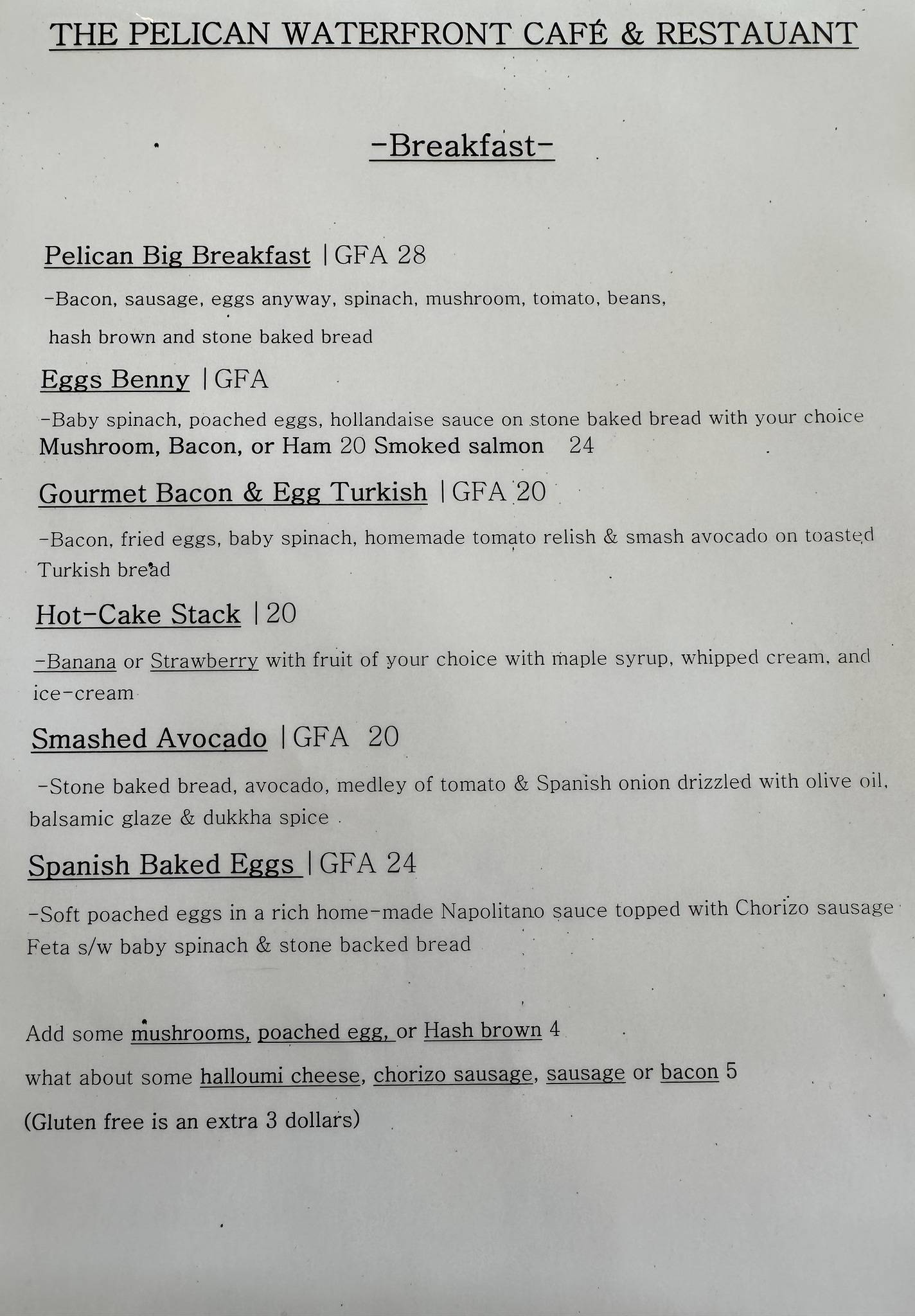 Menu at The Pelican Waterfront Cafe & Restaurant, Saint Georges Basin