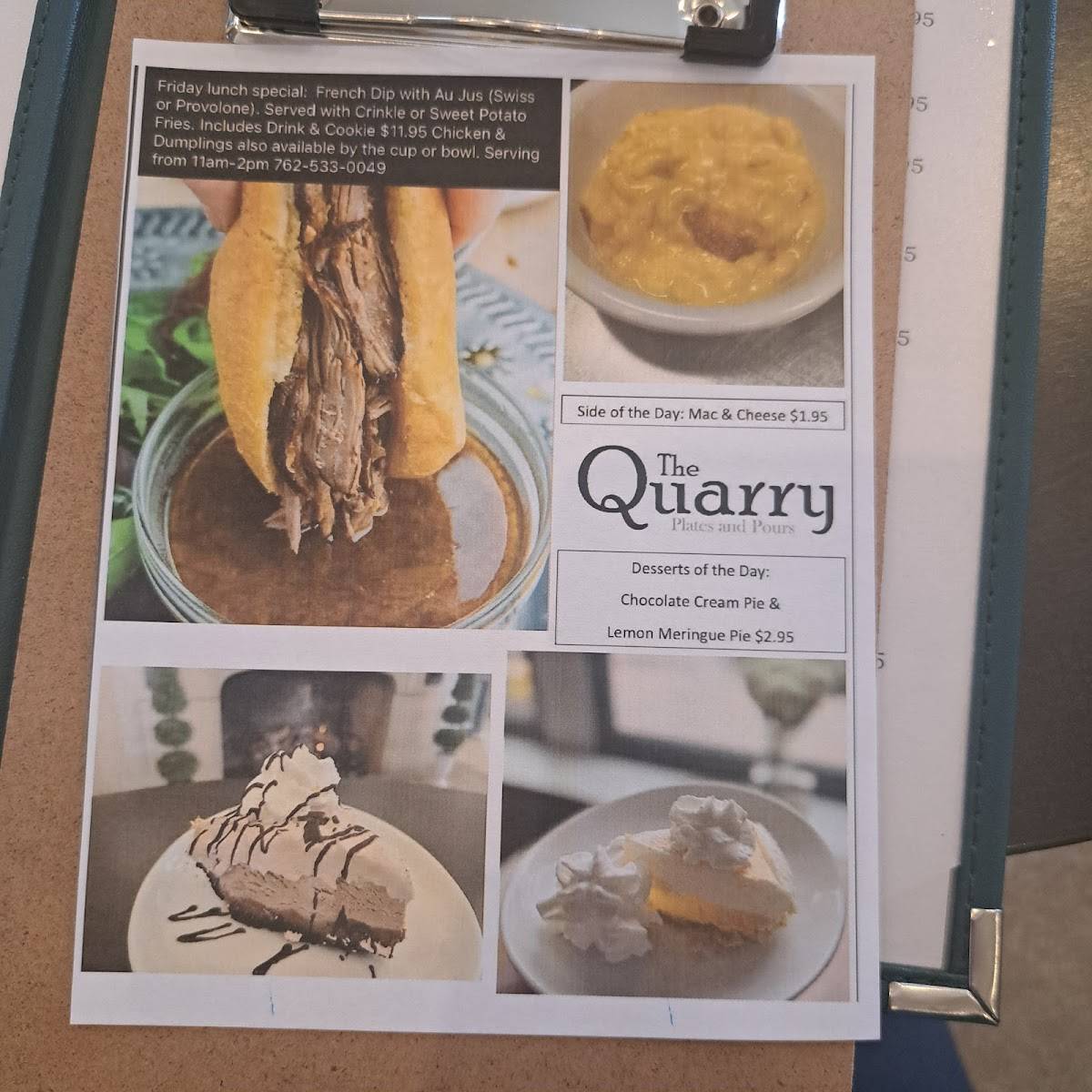 Menu at The Quarry Plates and Pours restaurant, Elberton