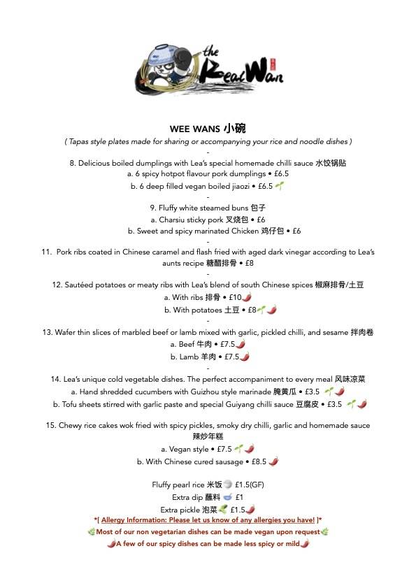 Menu at The Real Wan restaurant, Glasgow