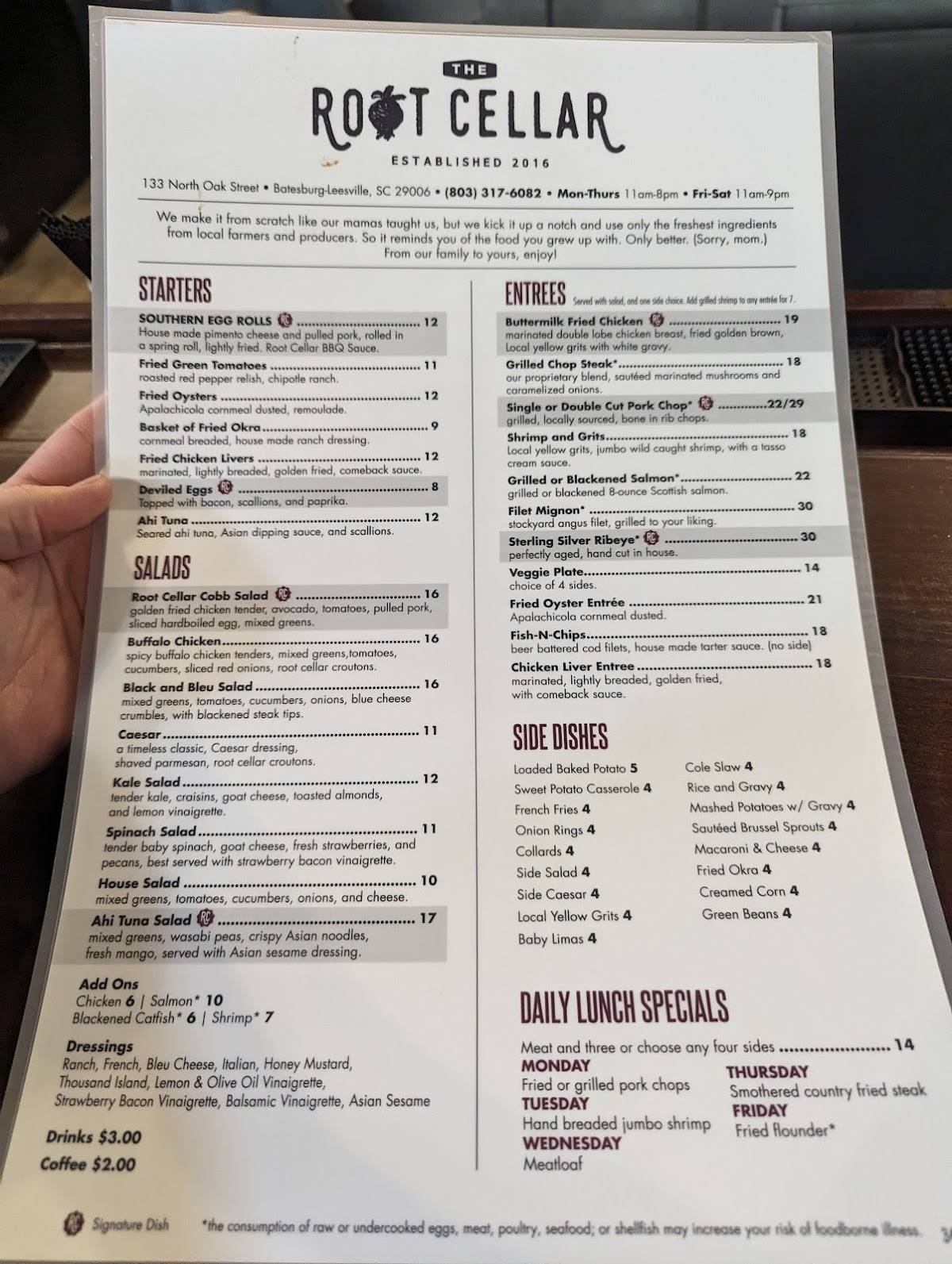Menu at The Root Cellar B-L restaurant, Batesburg-Leesville