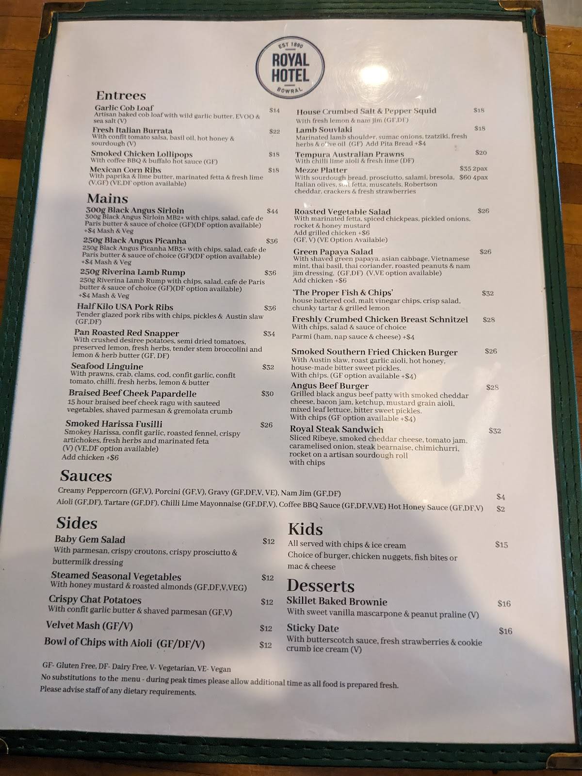Menu at The Royal Hotel Bowral restaurant, Bowral, 255 Bong Bong St