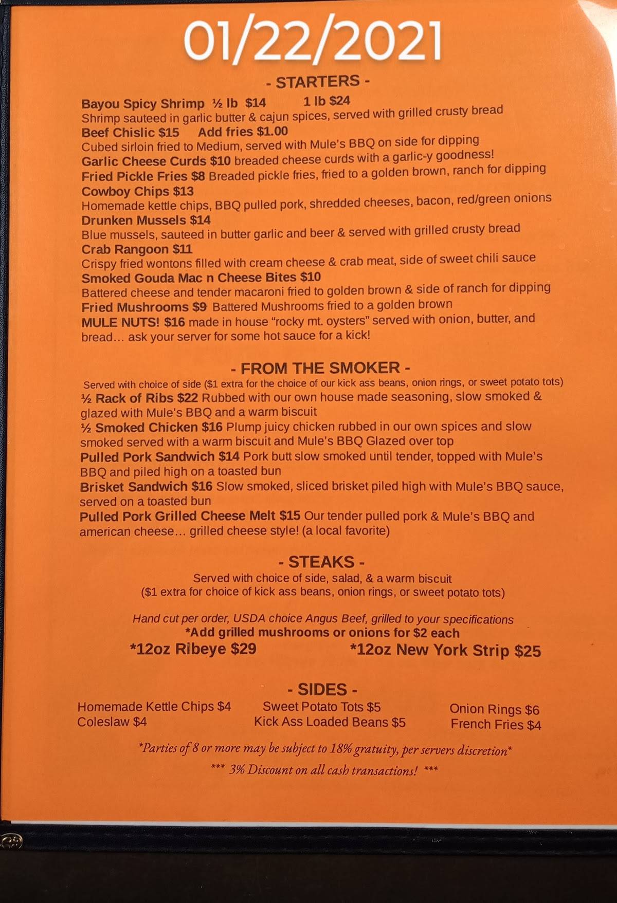 Menu at The Smoking Mule restaurant, Chamberlain