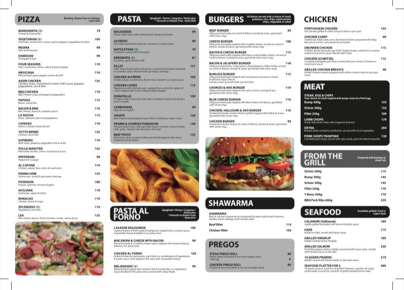 Menu at The Valley Restaurant and Grill, Randburg