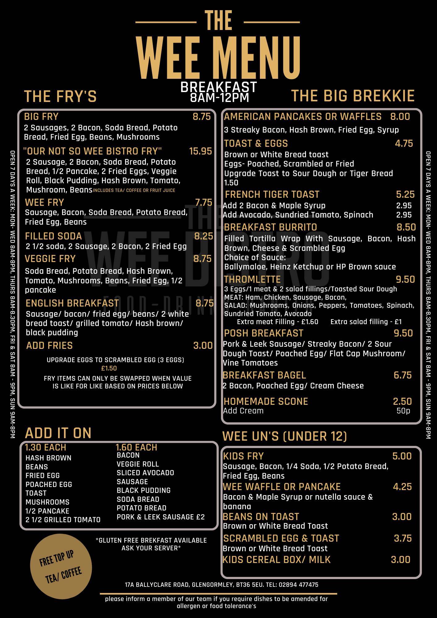 Menu at The Wee Bistro restaurant, Glengormley