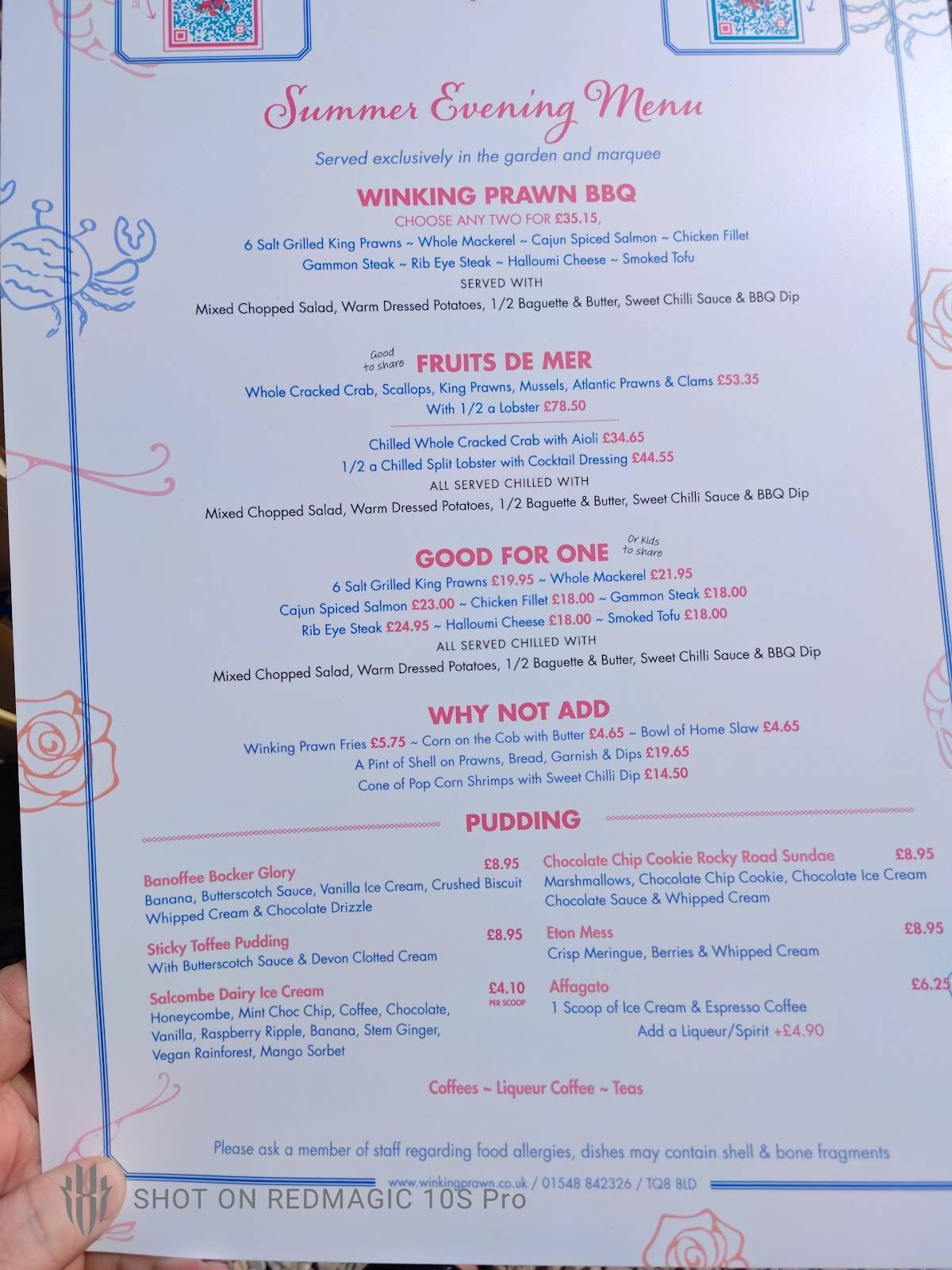 Menu at The Winking Prawn restaurant, Salcombe